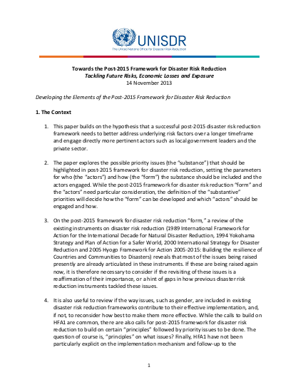 Towards the Post-2015 Framework for Disaster Risk Reduction: Tackling ...