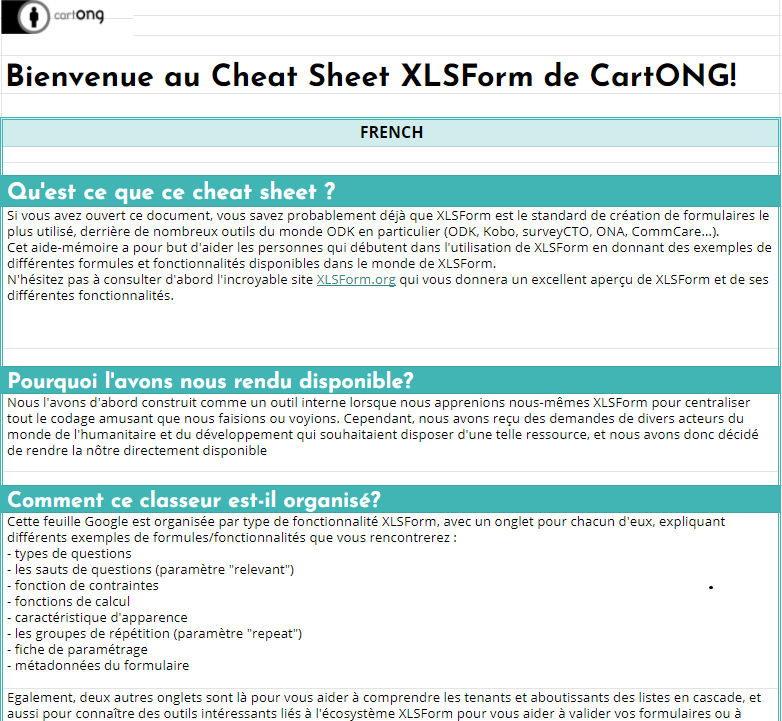 Aide-mémoire sur le XLSForm | ALNAP