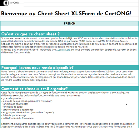 Aide-mémoire sur le XLSForm | ALNAP