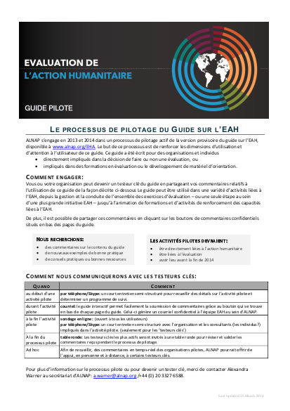 Evaluation de l'Action Humanitaire: Guide pilote (fiche d'information) | ALNAP