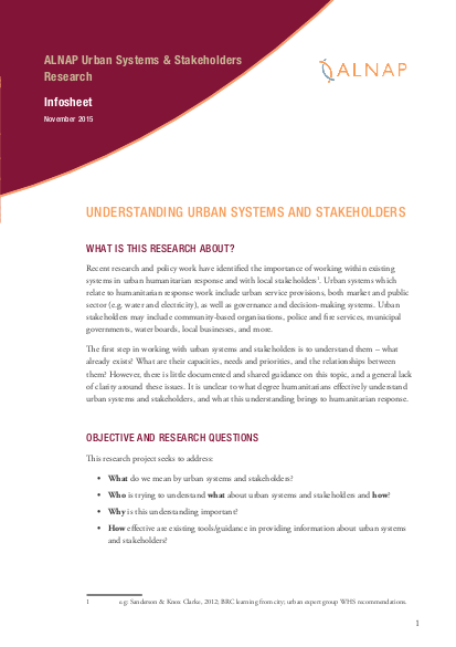 ALNAP Urban Systems and Stakeholders research infosheet | ALNAP