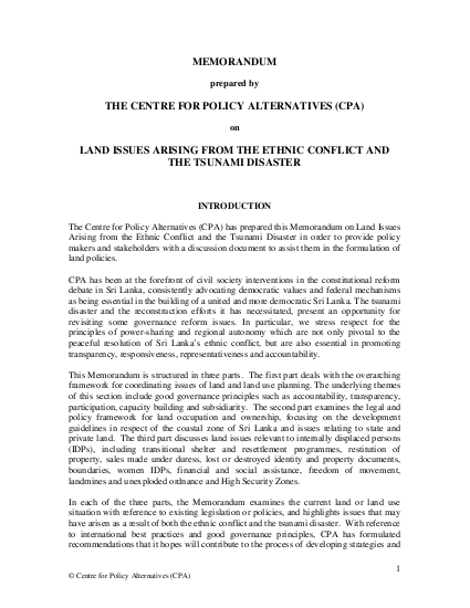 Land Issues Arising from the Ethnic Conflict and the Tsunami Disaster ...