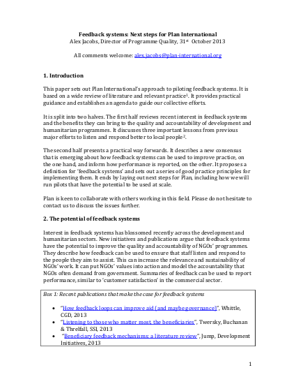 Feedback systems: Next steps for Plan International | ALNAP