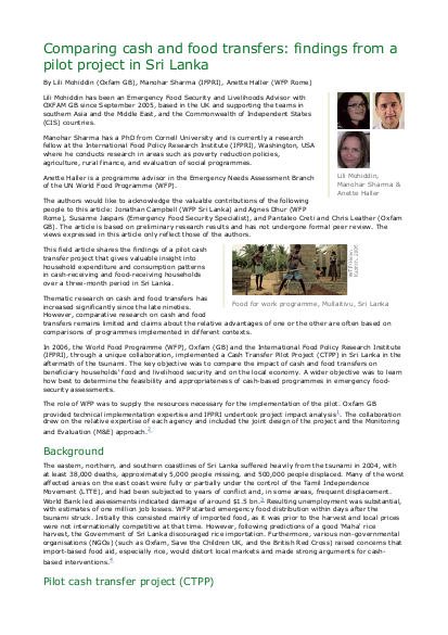 Comparing cash and food transfers: findings from a pilot project in Sri ...