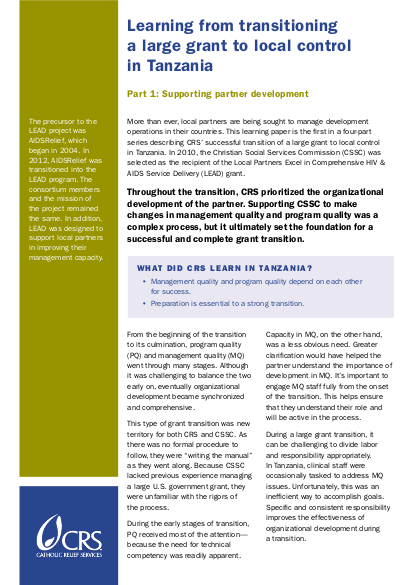 Learning from Transitioning a Large Grant to Local Control in Tanzania ...