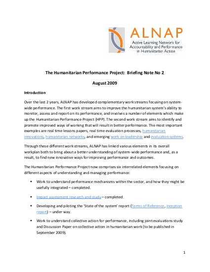 The Humanitarian Performance Project: Briefing Note No 2 | ALNAP