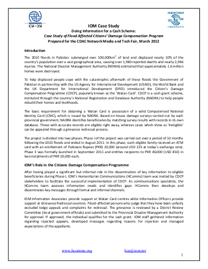 IOM Case Study: Doing Information for a Cash Scheme. Case Study of Flood Affected Citizens ...
