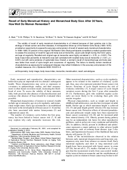 Recall of early menstrual history and menarcheal body size: after 30 ...
