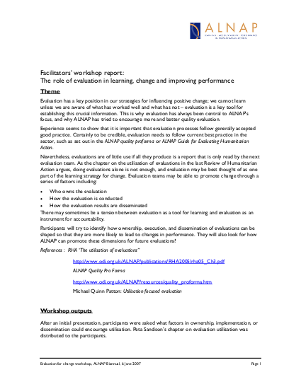 Facilitators' workshop report: The role of evaluation in learning, change and improving ...