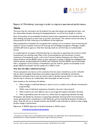 Report of Workshop: Learning in order to improve operational ...