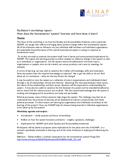 Facilitator's workshop report: How does the humanitarian 'system' function and how does it learn ...