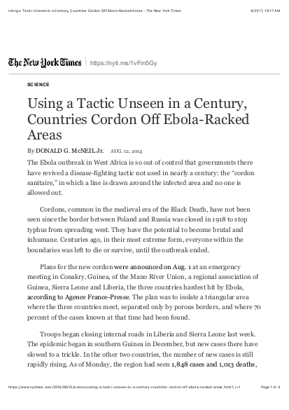 Using a Tactic Unseen in a Century, Countries Cordon Off Ebola-Racked ...