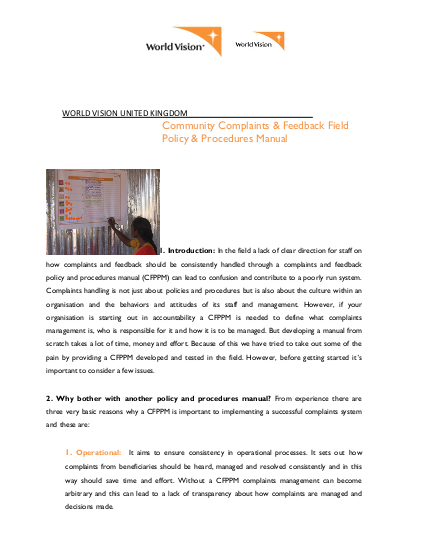 World Vision: Community complaints and feedback field policy ...