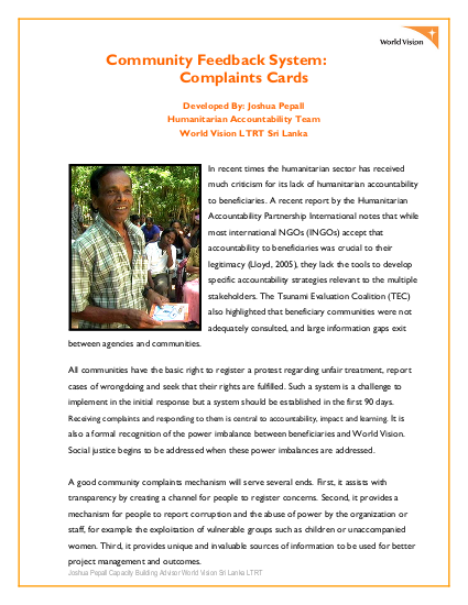 Community Feedback System: Complaints Cards | ALNAP